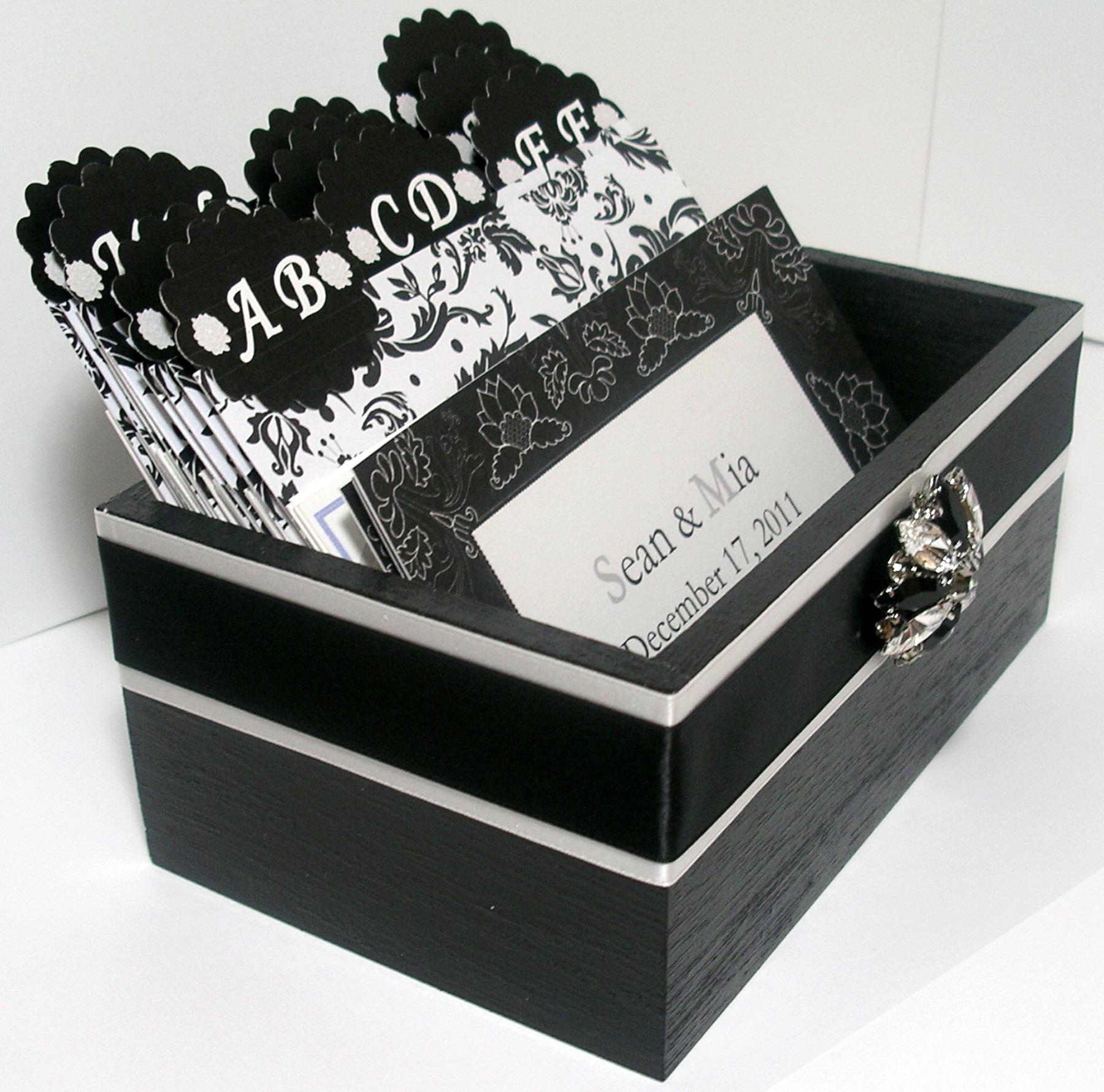Custom Wedding Guest Box & Cards - Black, White And Silver Damask ...